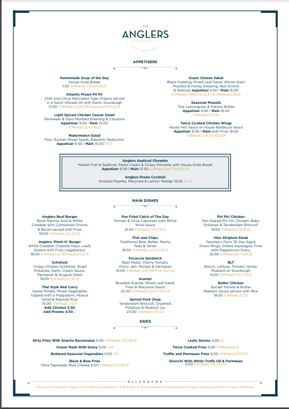 Food Menus at The Anglers Bar & Restaurant Cork